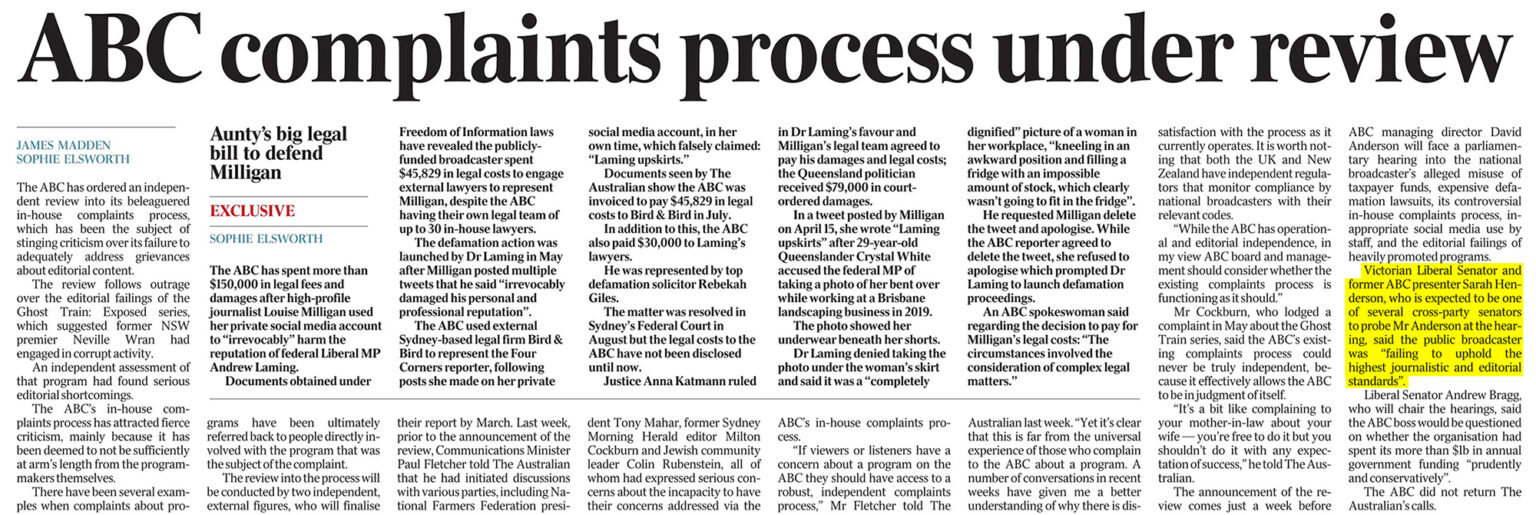 ABC complaints process under review, The Australian, 18 October 2021